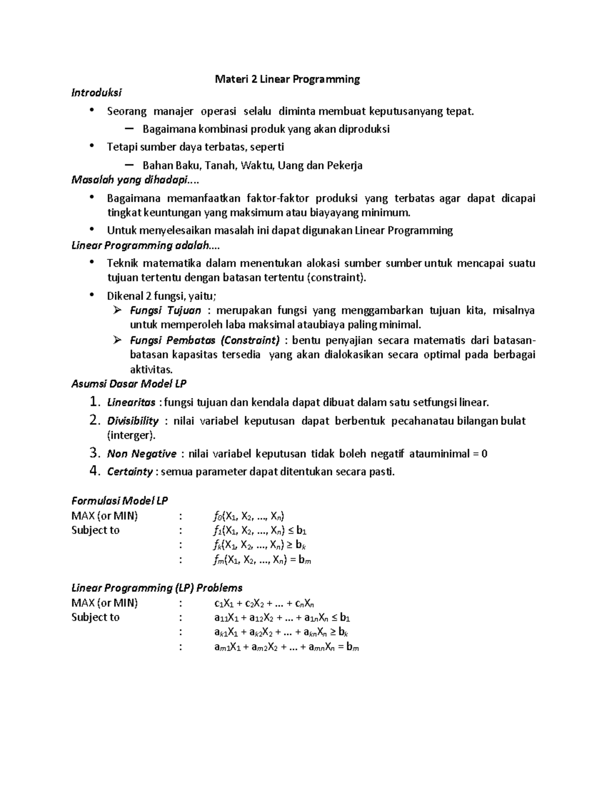 Rangkuman Materi Operasi Riset: Linear Programming (LP) Basics - Studocu