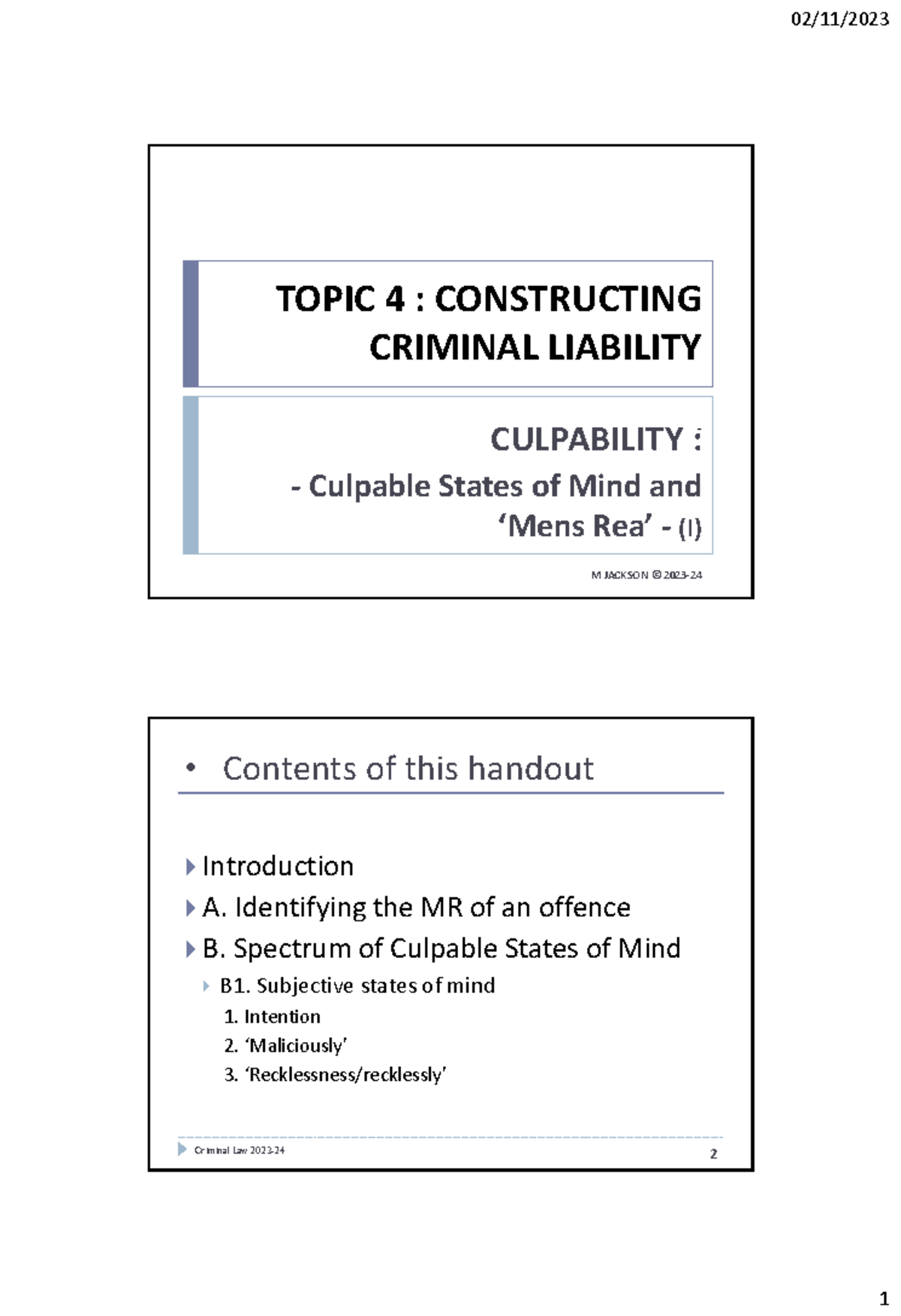 Topic 4: Constructing Criminal Liability - Culpability and States of ...
