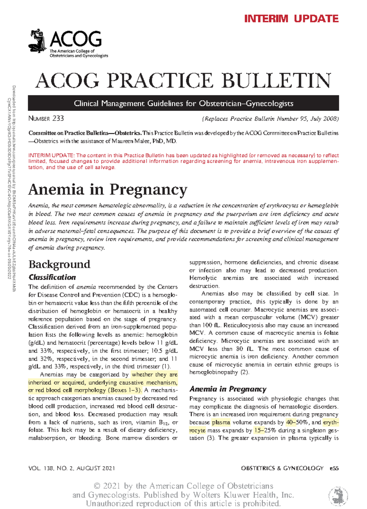 Anemia in pregnancy acog practice bulletin number 233 - INTERIM UPDATE ...