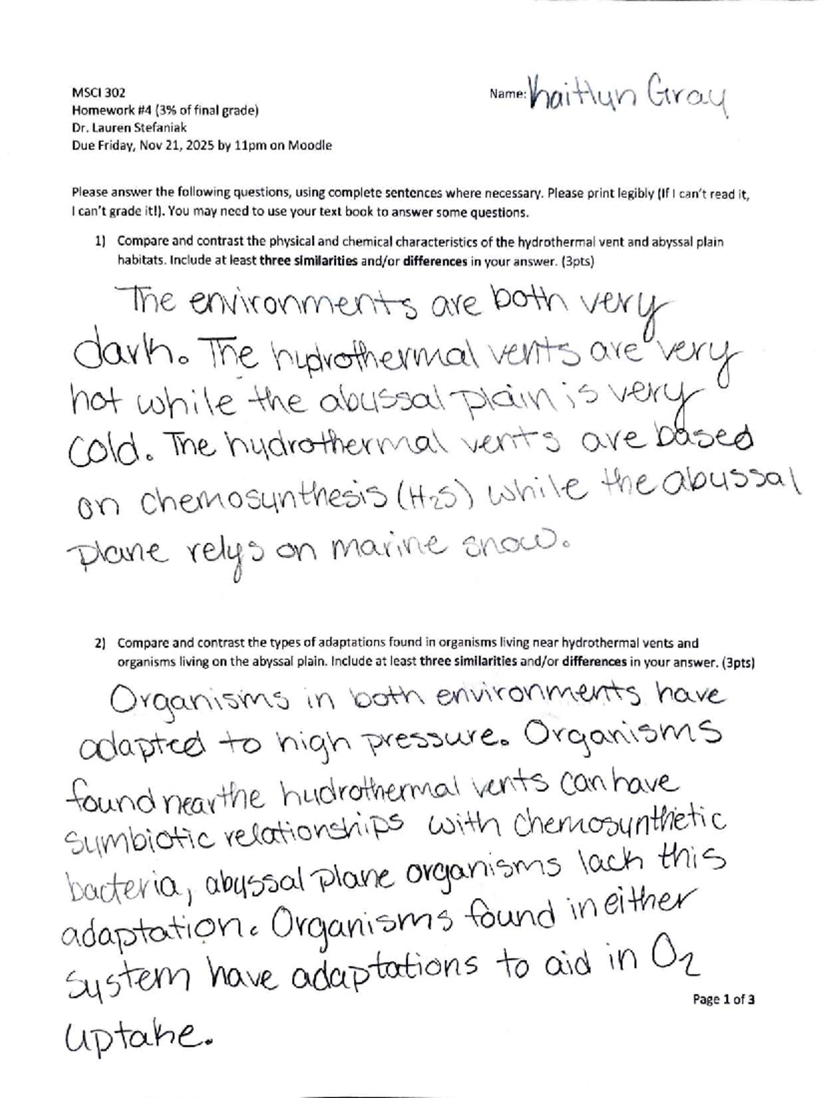 MSCI 302 Marine Biology Homework #4 - Final Grade Questions - Studocu
