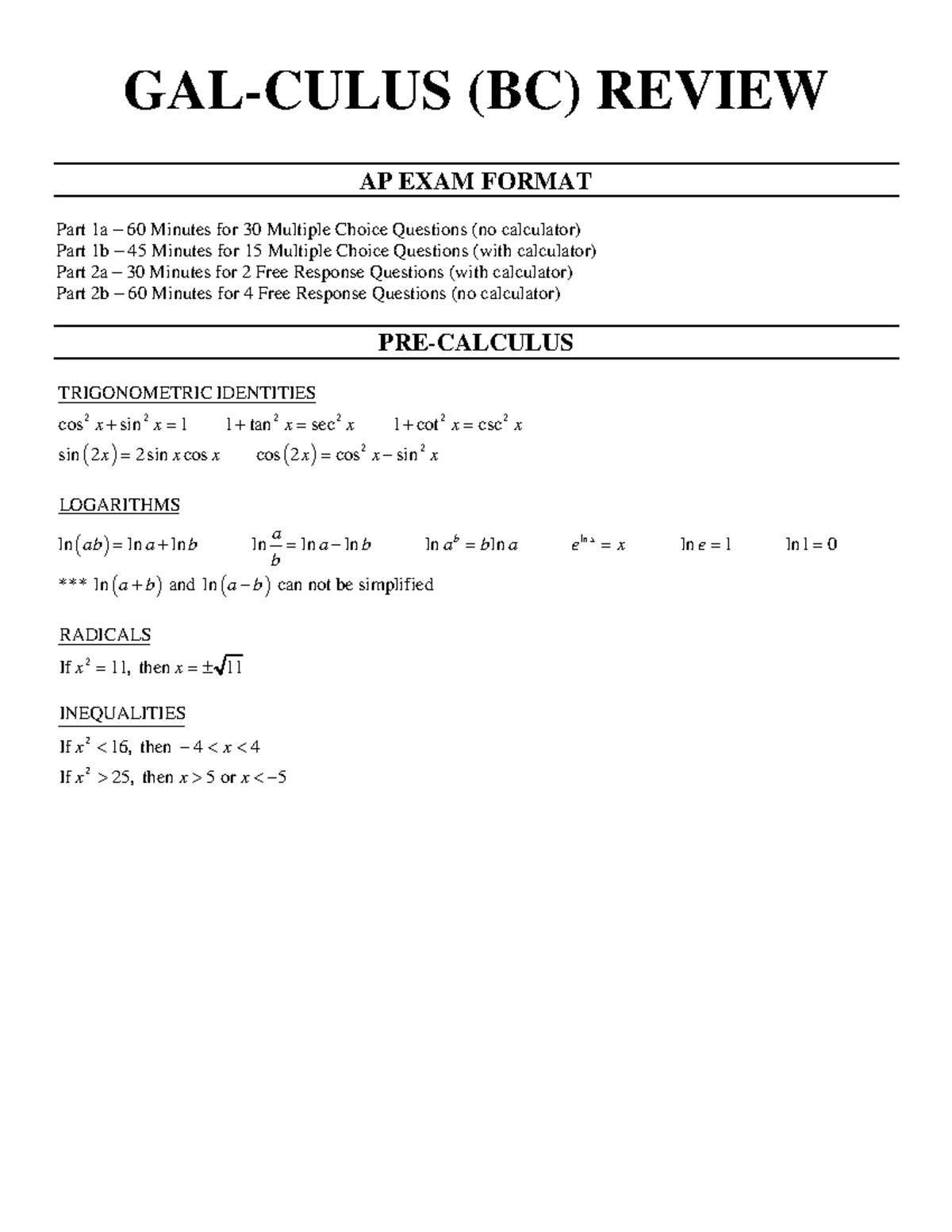 BC Calculus Review Guide: Essential Formulas and Tips for AP Exam - Studocu
