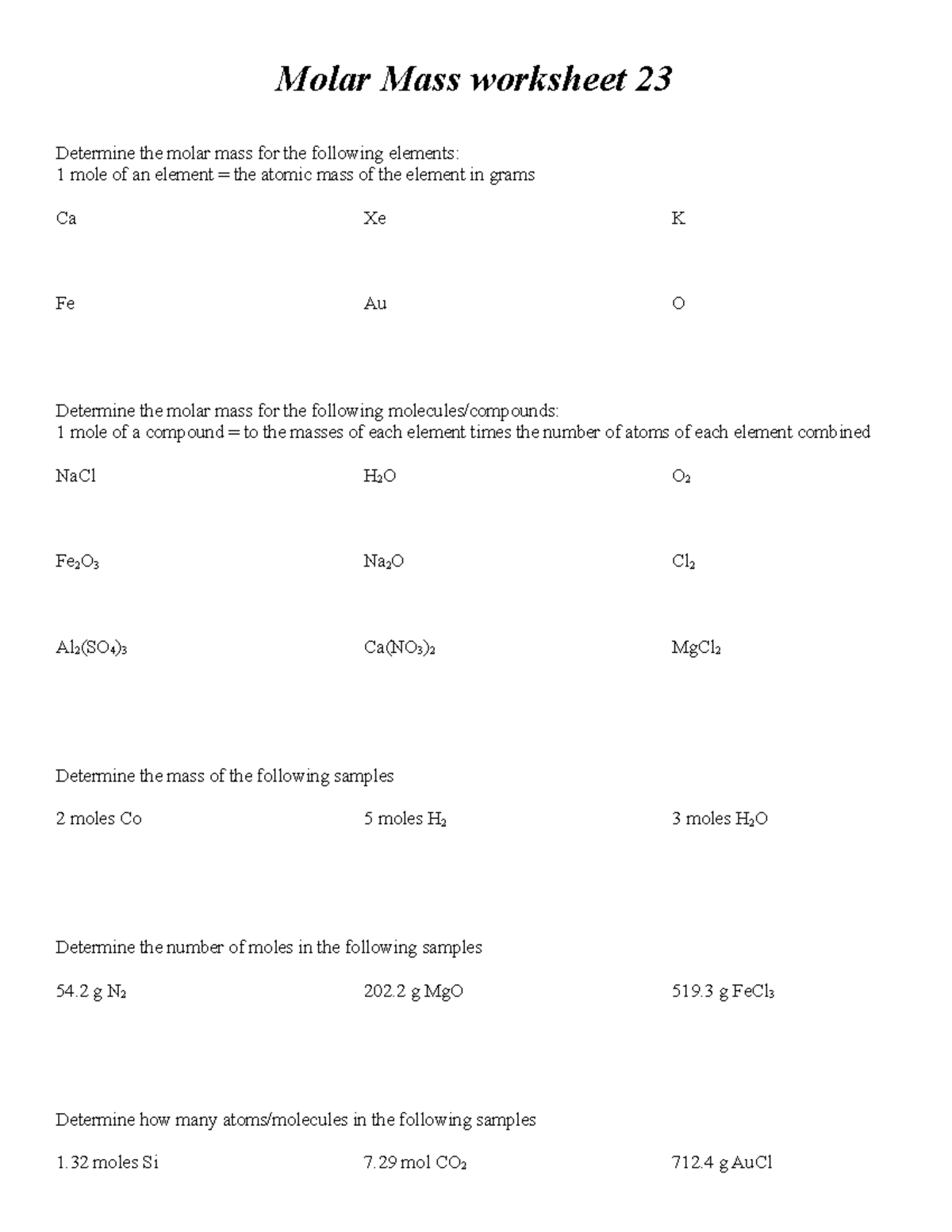 Molar Mass Worksheet Molar Mass Conversion Worksheet With A Key Amped