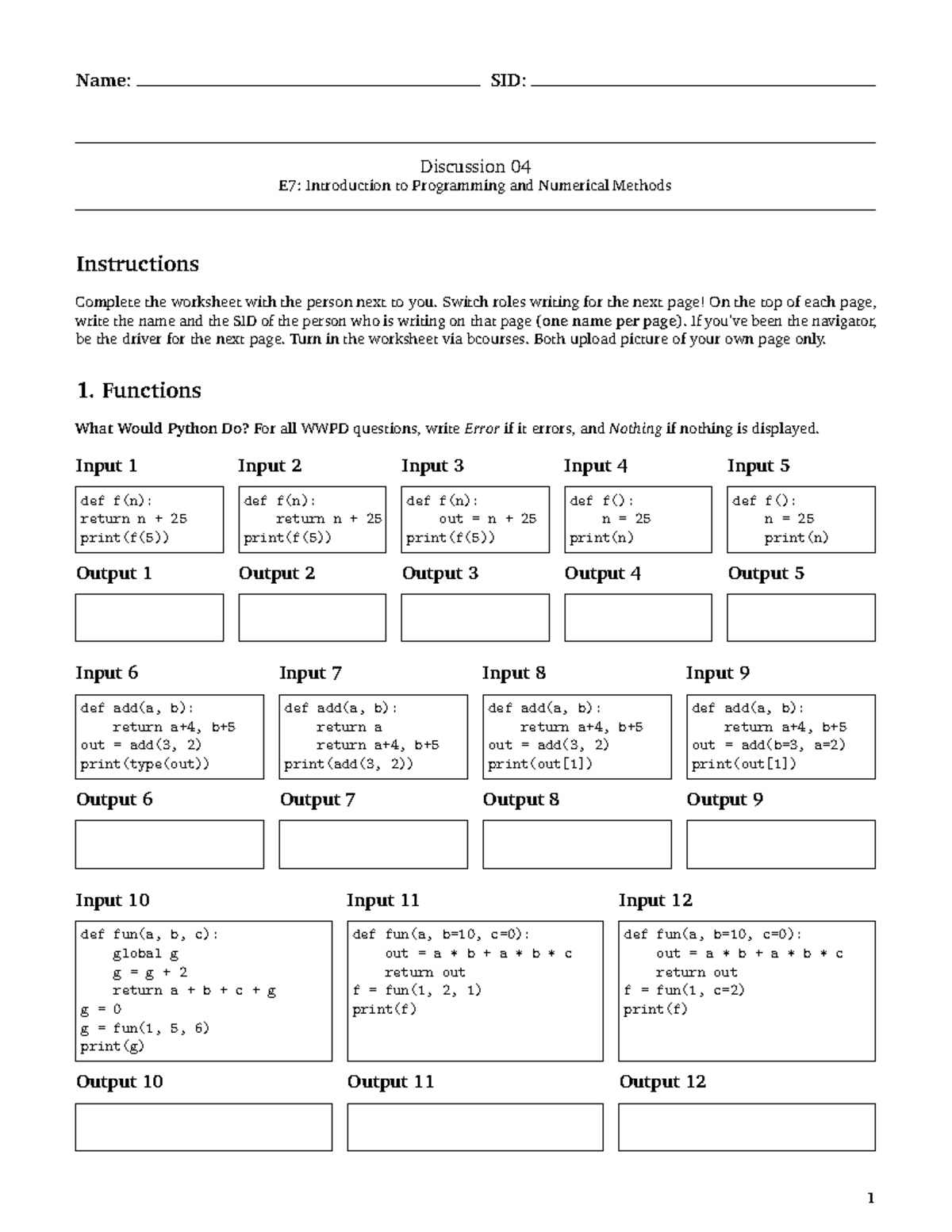 Discussion 04 E7: Python Functions Worksheet and Instructions - Studocu