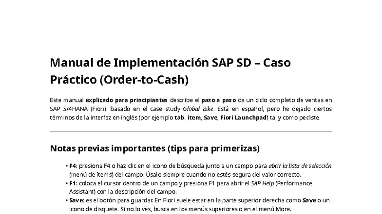 Manual de Implementación SAP SD: Caso Práctico Global Bike - Studocu