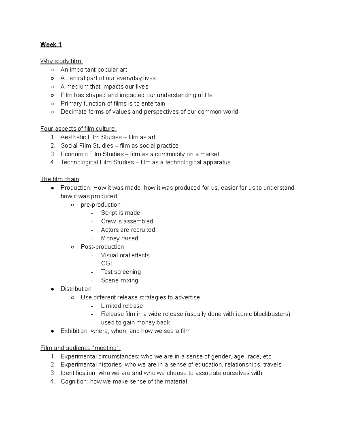 FILM1101 - Lecture Notes on Film Studies: Weeks 1-10 Overview - Studocu