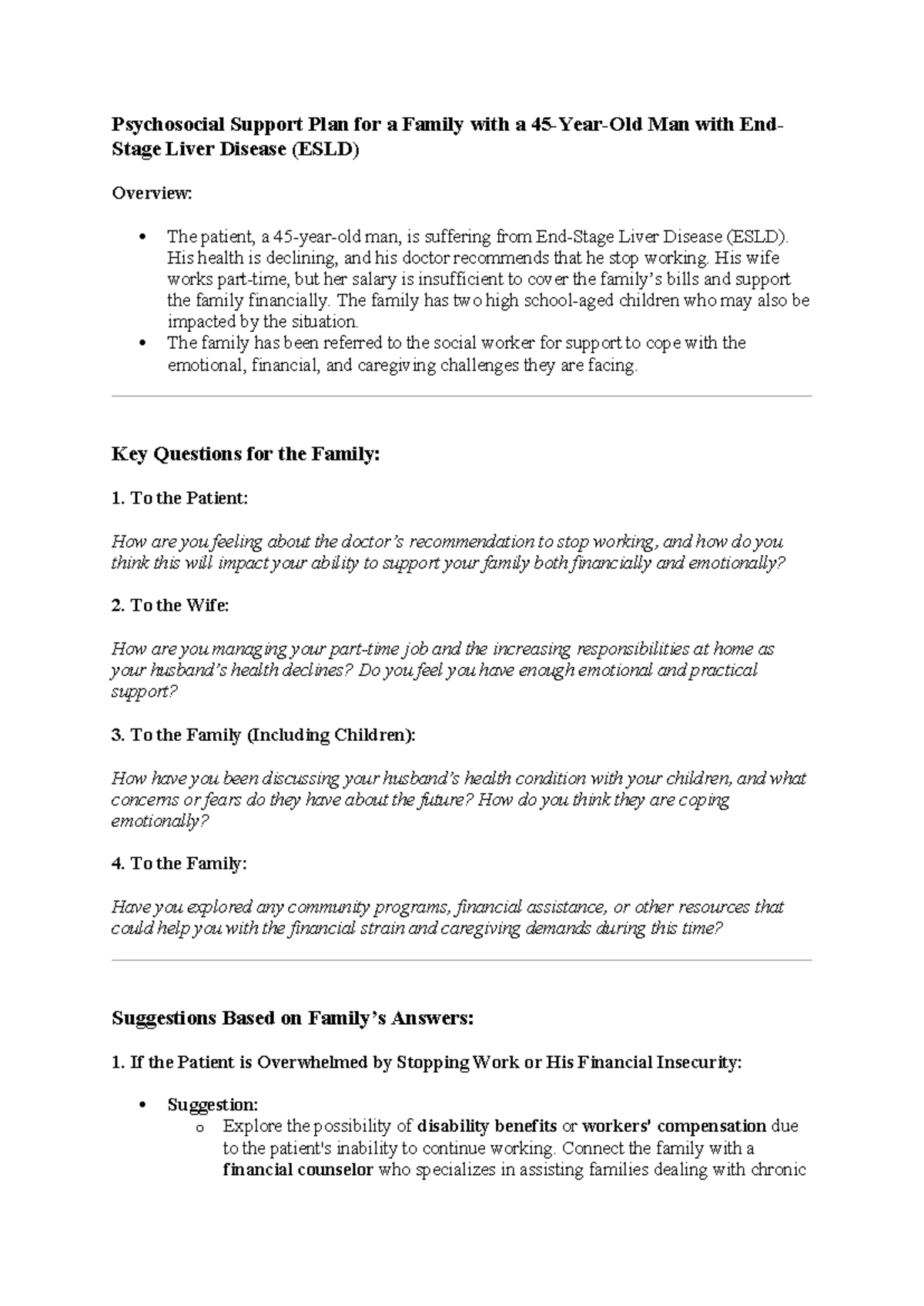 Psychosocial Support Plan for Family with 45-Yr-Old ESLD Patient - Studocu