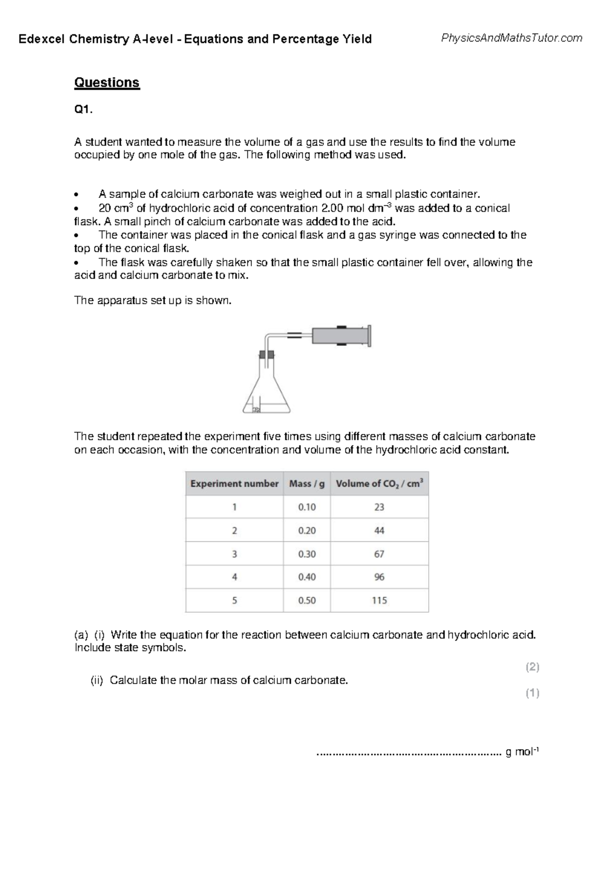 Edexcel Chemistry PMT Equations and Percentage Yield Study Guide - Studocu