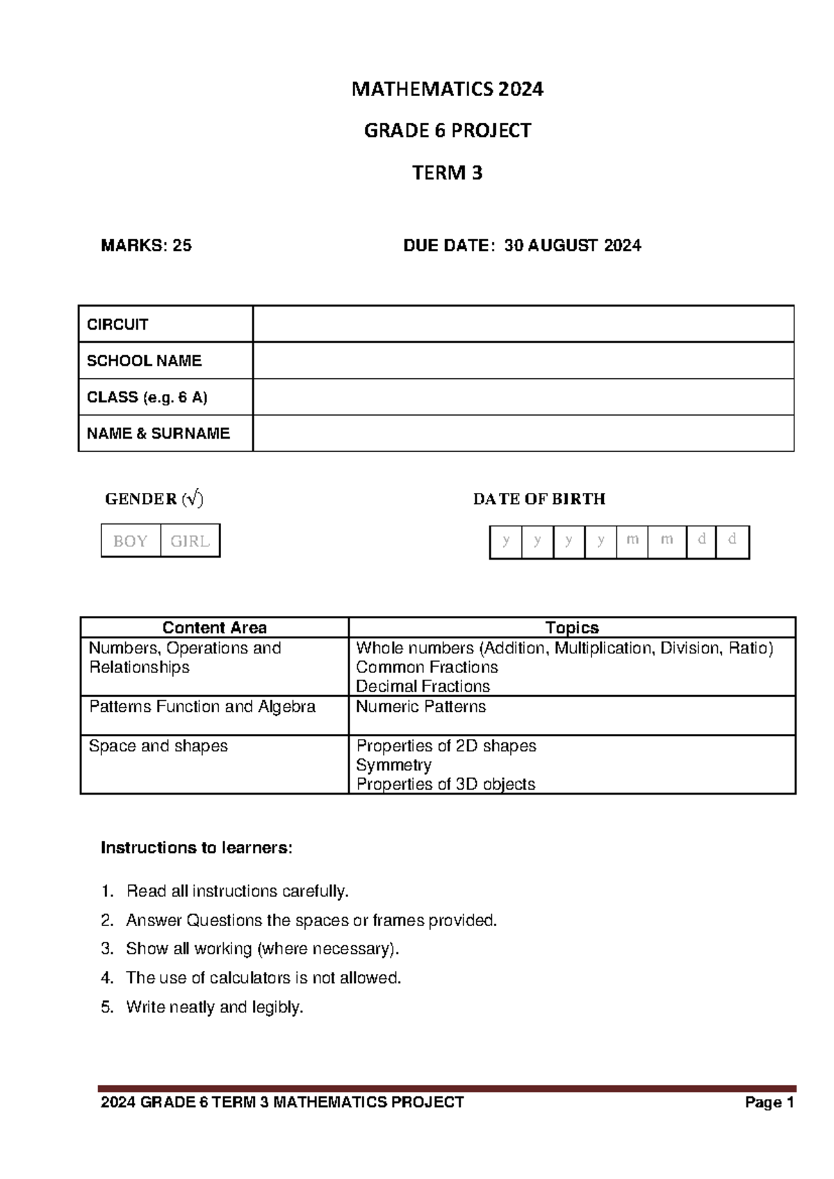 Grade 6 Math Project: Term 3 2024 (Code: 051405-1) - Studocu