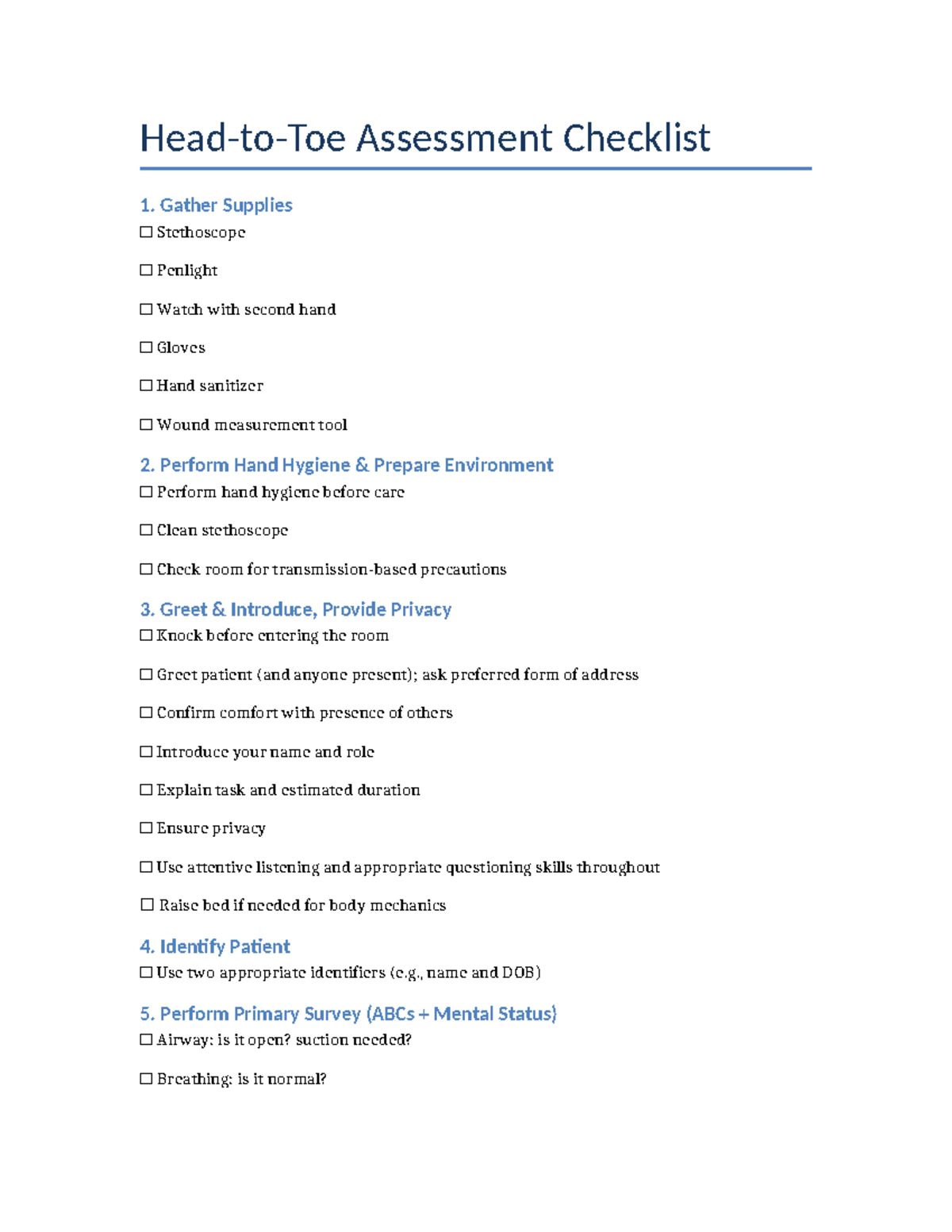 Head to Toe Assessment Checklist (NURS 101) - Comprehensive Guide - Studocu