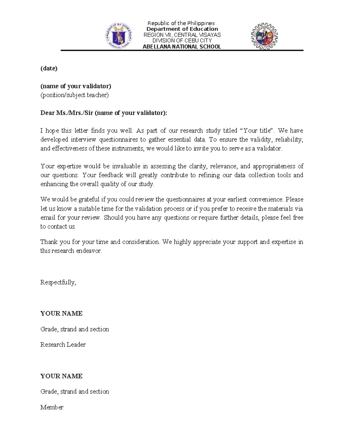 Invitation Letter for Validation of Research Study (Research 101) - Studocu