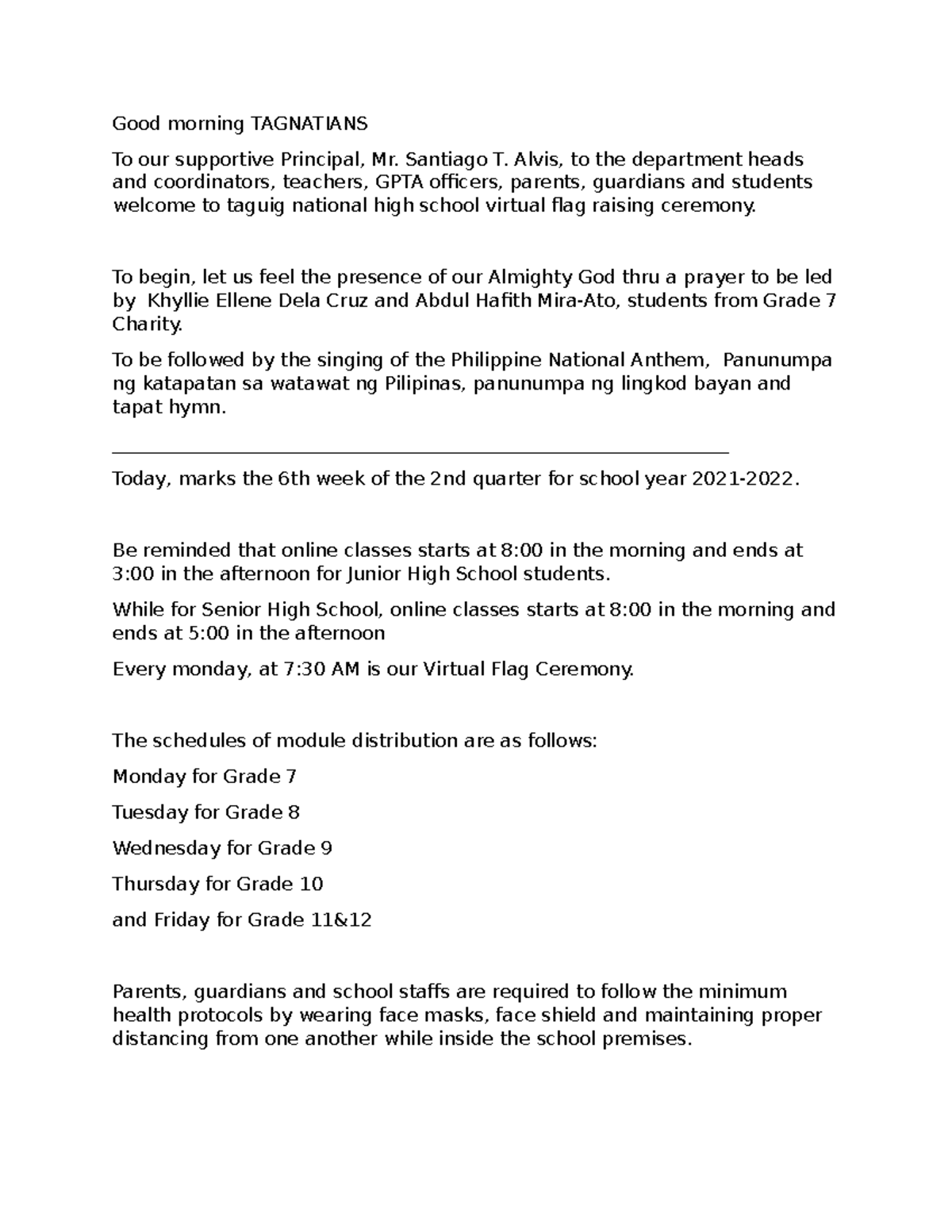 TAG-2021 Virtual Flag Raising Ceremony Script - Studocu