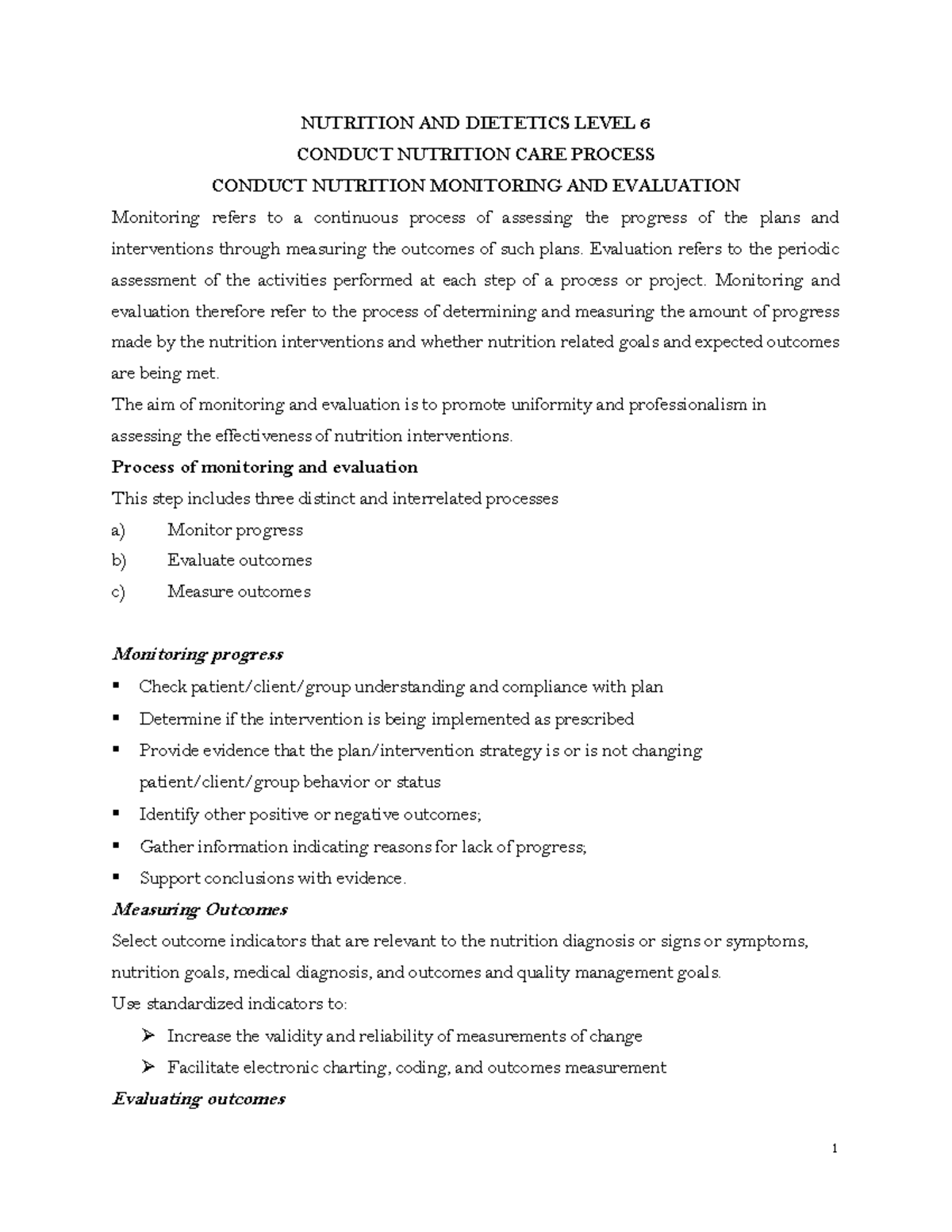 NUTRITION AND DIETETICS LEVEL 6: MONITORING & EVALUATION PROCESS - Studocu