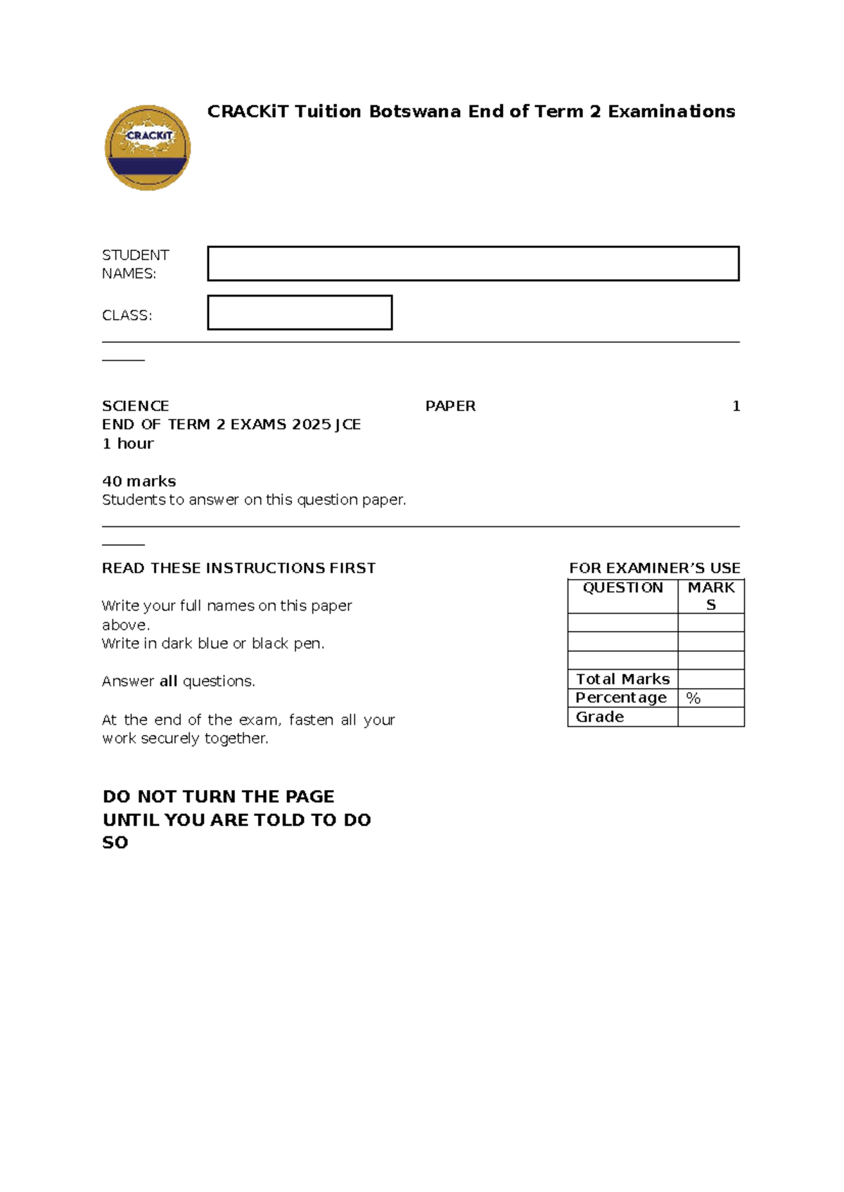 CRACKiT JCE Science End of Term 2 Exam Paper 1 2025 - Studocu