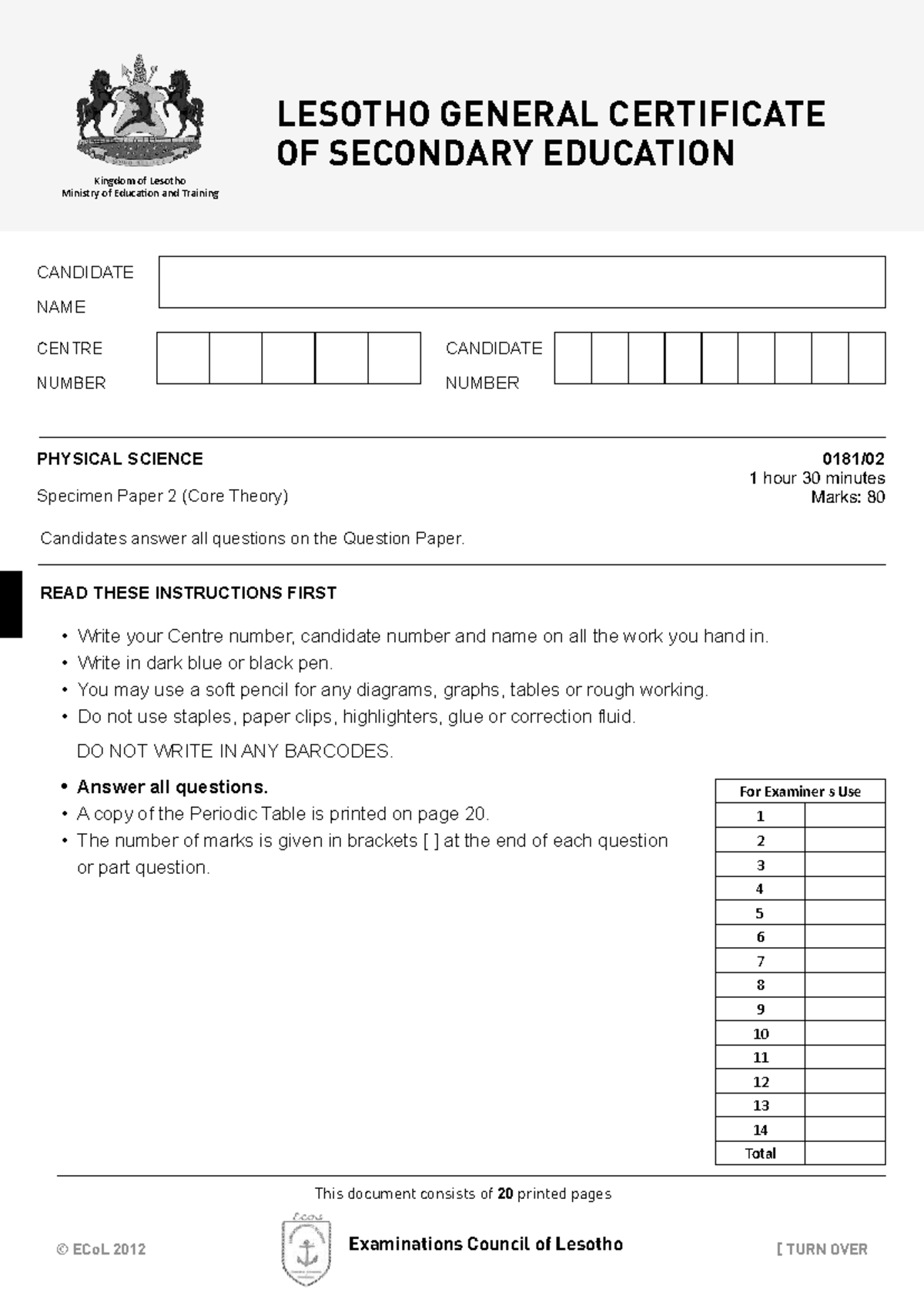 LGCSE Physical Science Specimen Paper 2: Core Theory Exam 2012 - Studocu
