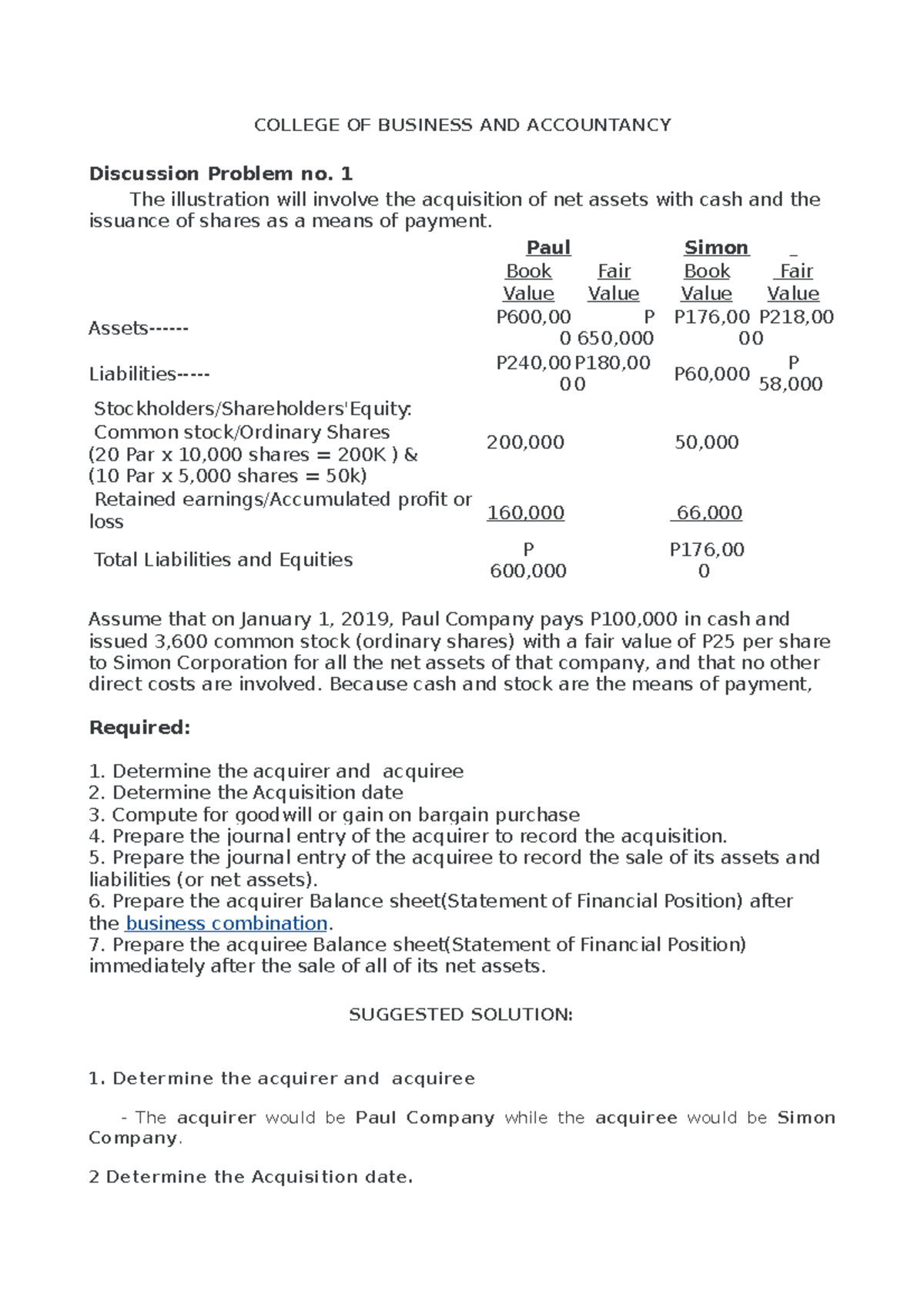 Activity 1 Solution: Acquiring Net Assets - BUSCOM - Studocu