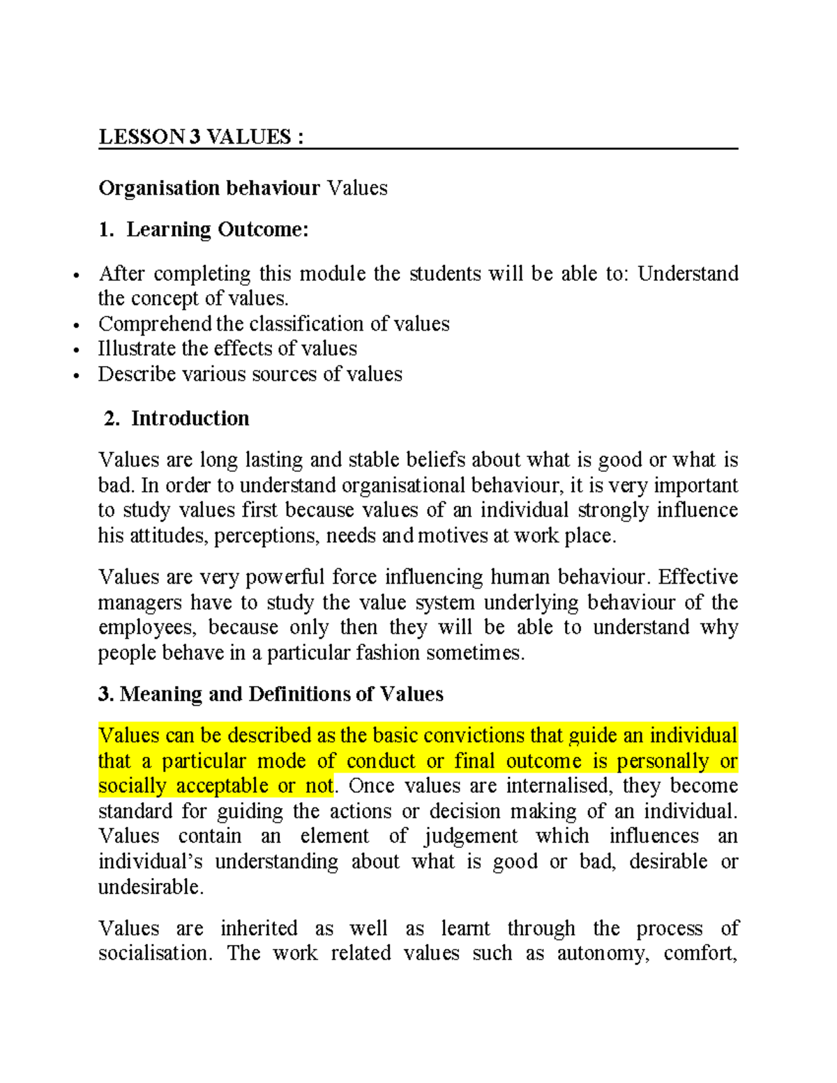 Lesson 3: Values in Organizational Behavior (OB) - Class Notes - Studocu