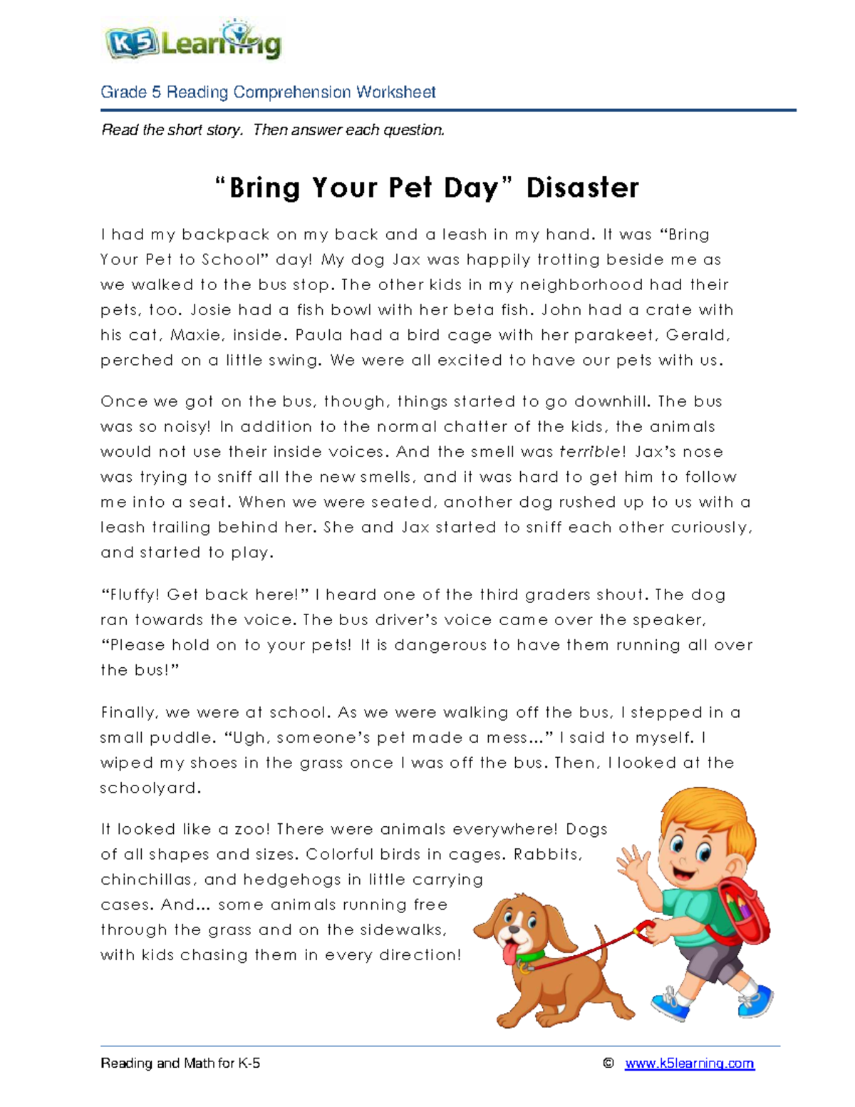 Grade 5 Reading Comprehension: Your Pet Disaster Worksheet - Studocu