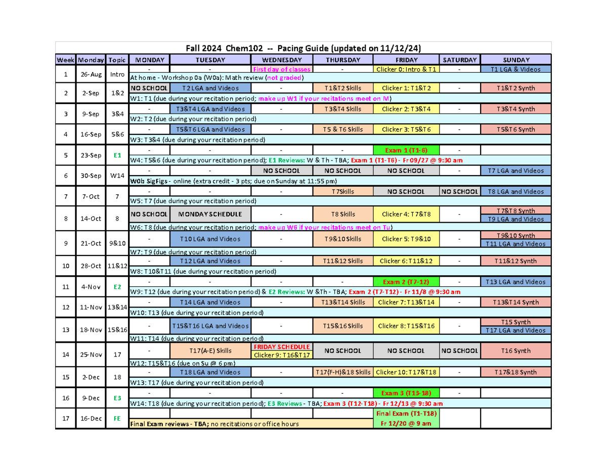 Fall 2024 Chem102 Pacing Guide: Weekly Schedule & Exam Dates - Studocu