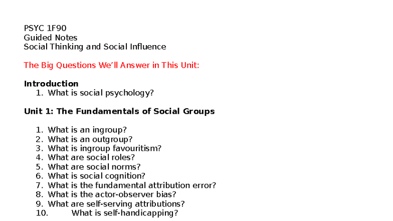 PSYC 1F90 Lecture Notes: Social Thinking & Influence Overview - Studocu