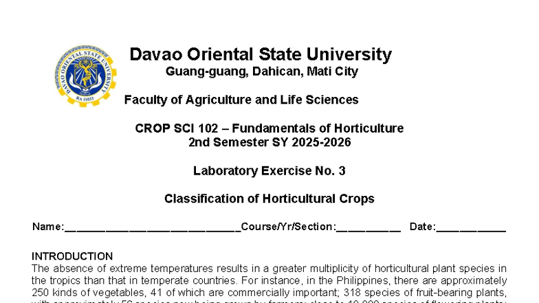 CROP SCI 102 Lab Exercise 3: Classification of Horticultural Crops ...