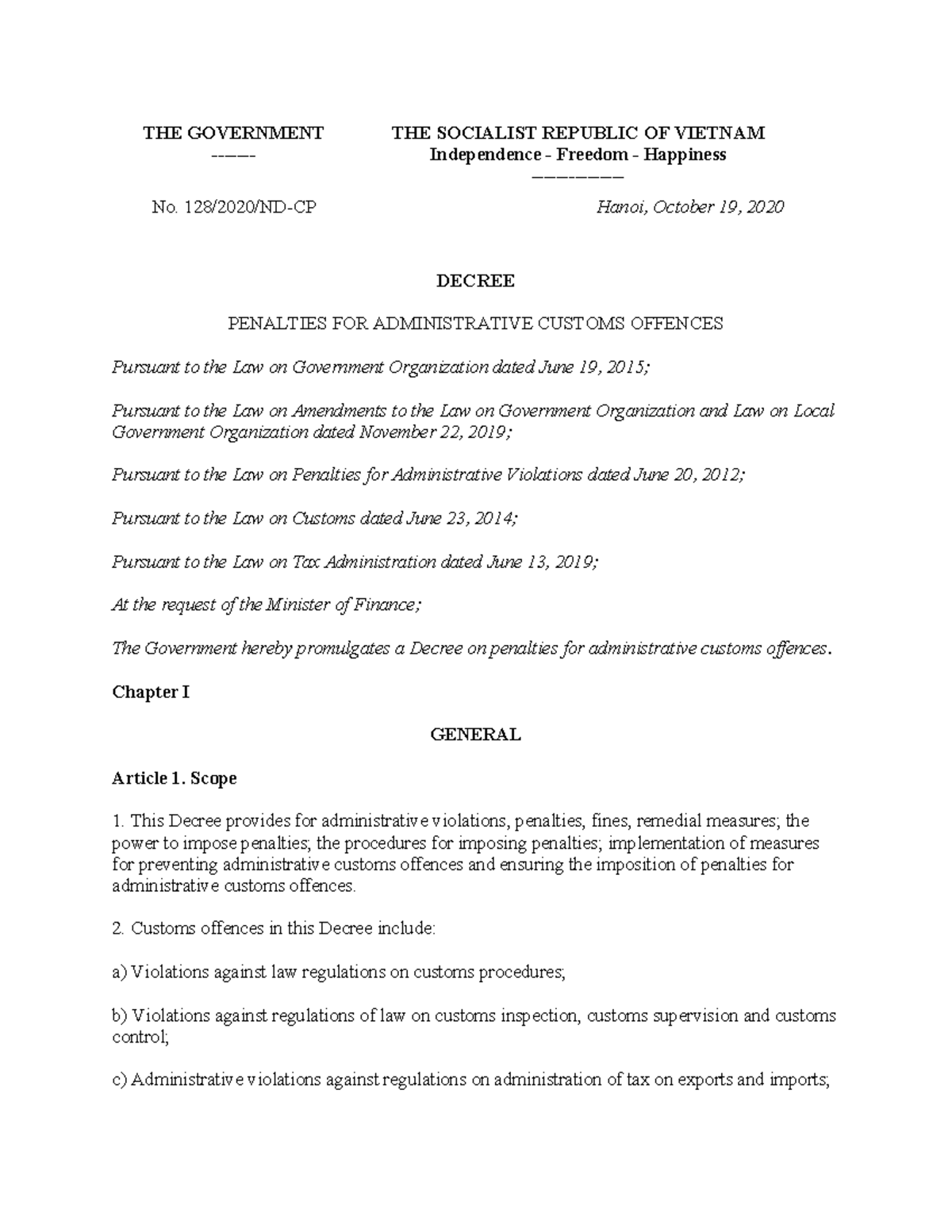 Decree 128/2020/ND-CP on Penalties for Customs Offences in English ...