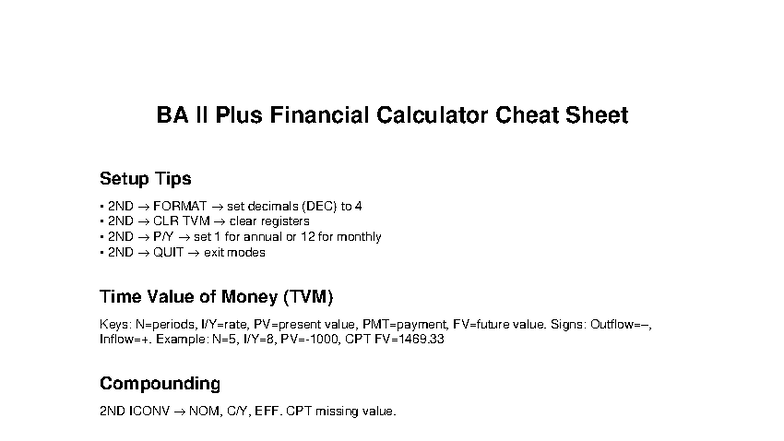 BA II Plus Cheat Sheet: Financial Calculator Setup Tips - Studocu