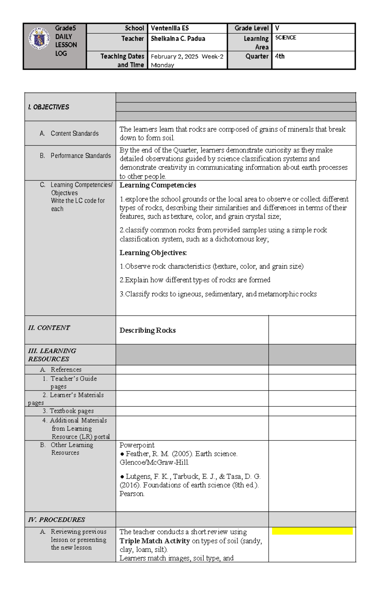 Grade 5 Science Daily Lesson Log (DLP) - Week 2, Quarter 4 - Studocu