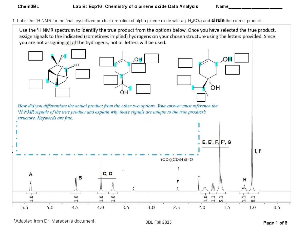 Chem3BL Lab B: Exp16 α-Pinene Oxide Data Analysis & NMR Interpretation - Studocu