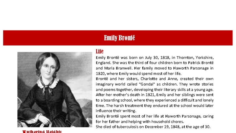 Emily Brontë: Life, Wuthering Heights, and Writing Style Insights - Studocu
