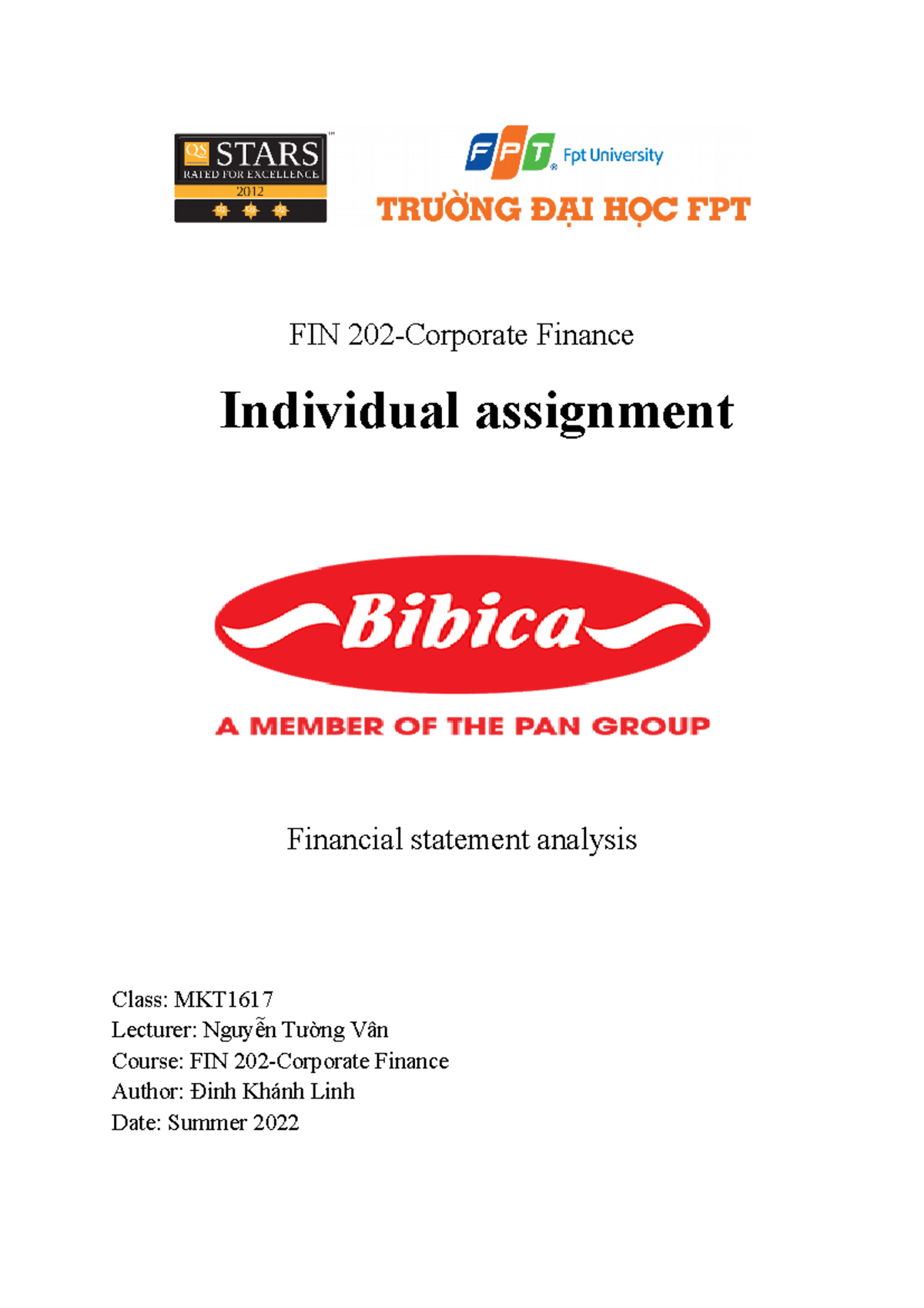FIN Bibica - ưyryfhg - FIN 202-Corporate Finance Individual assignment Financial statement ...