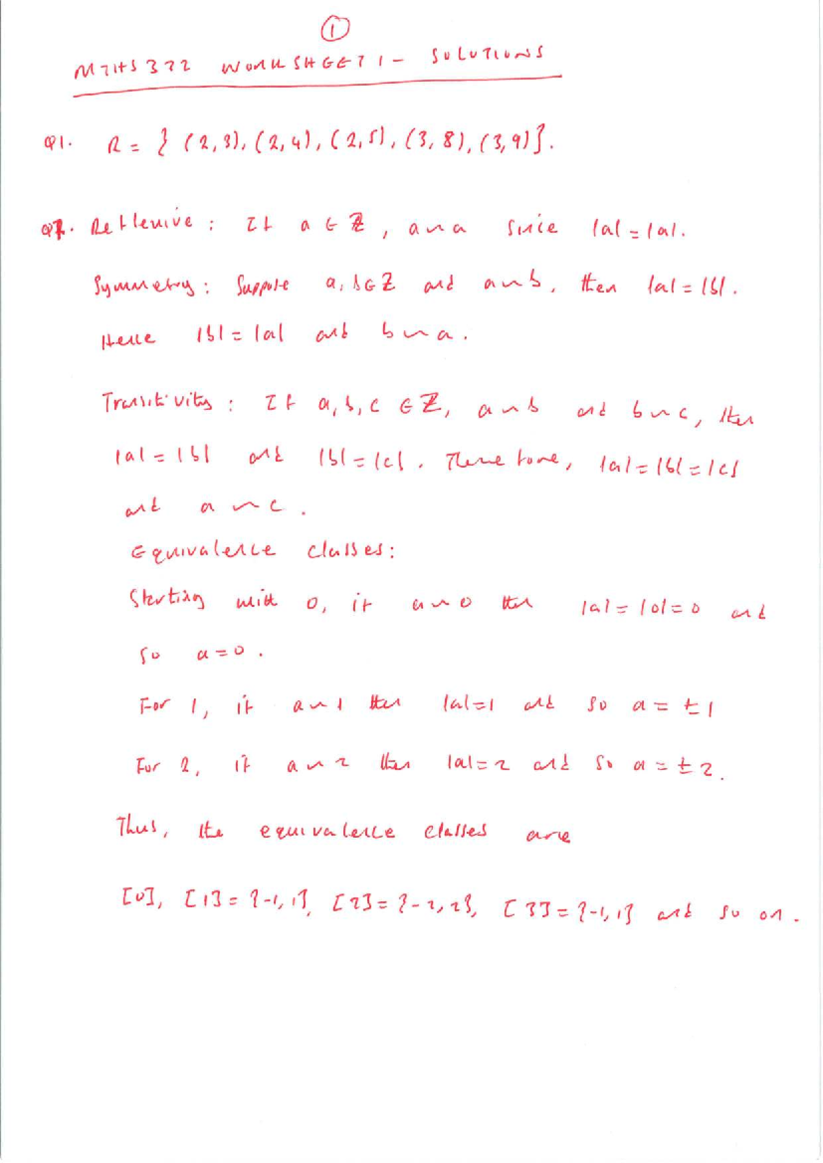 M71t5322 Worksheet 1 Solutions: Equivalence Relations & Algorithms ...