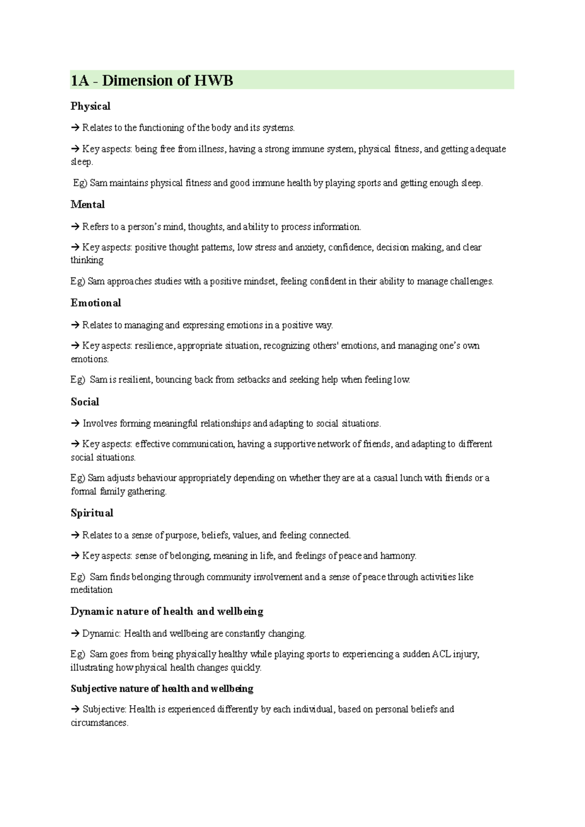 1A - Summary of Health and Wellbeing Dimensions and Benefits - Studocu