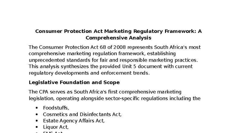 Unit 5 - Comprehensive Analysis of the Consumer Protection Act 68 of ...