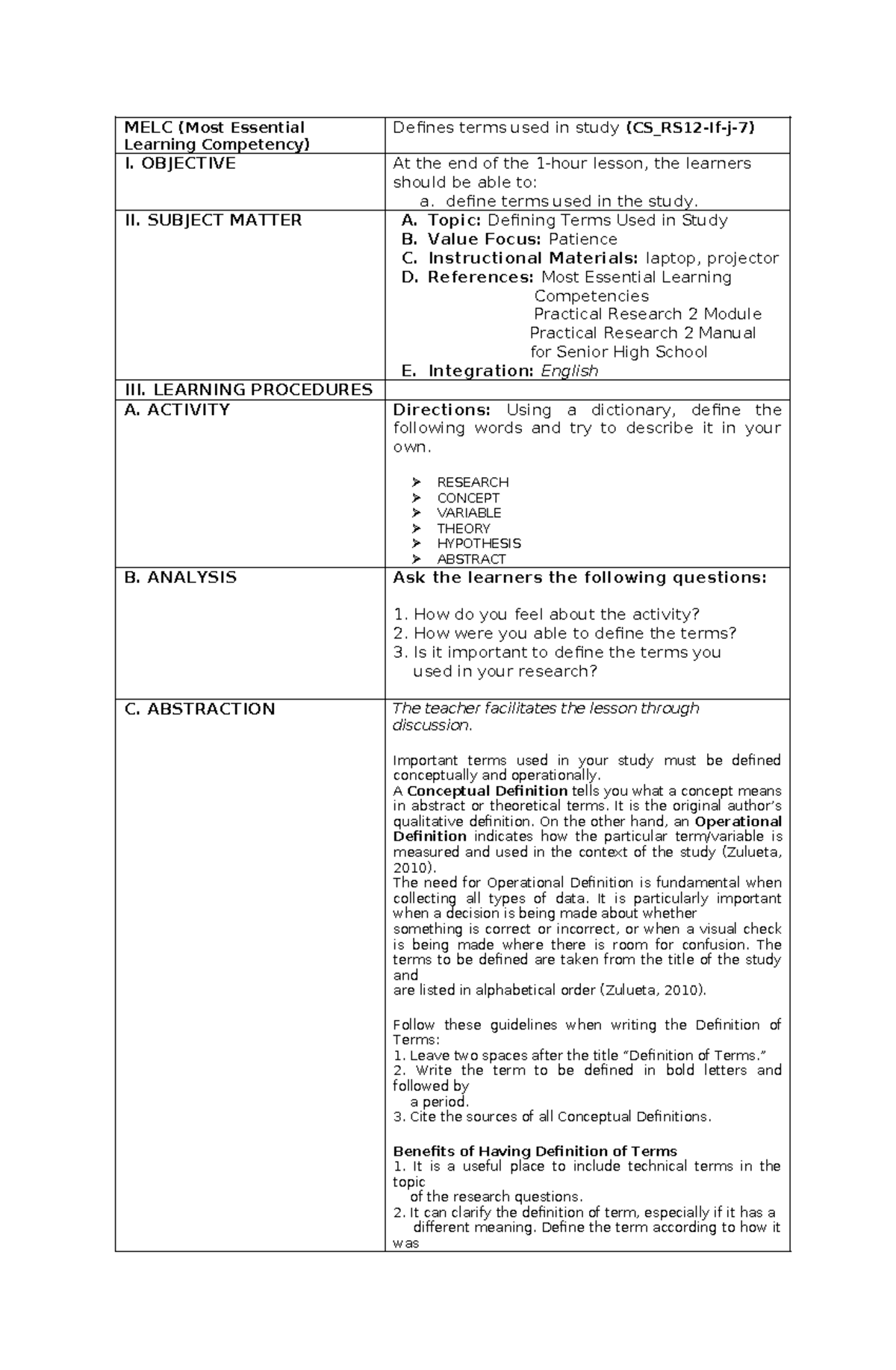 MELC: Defining Key Terms in Practical Research 2 Lesson Plan - Studocu
