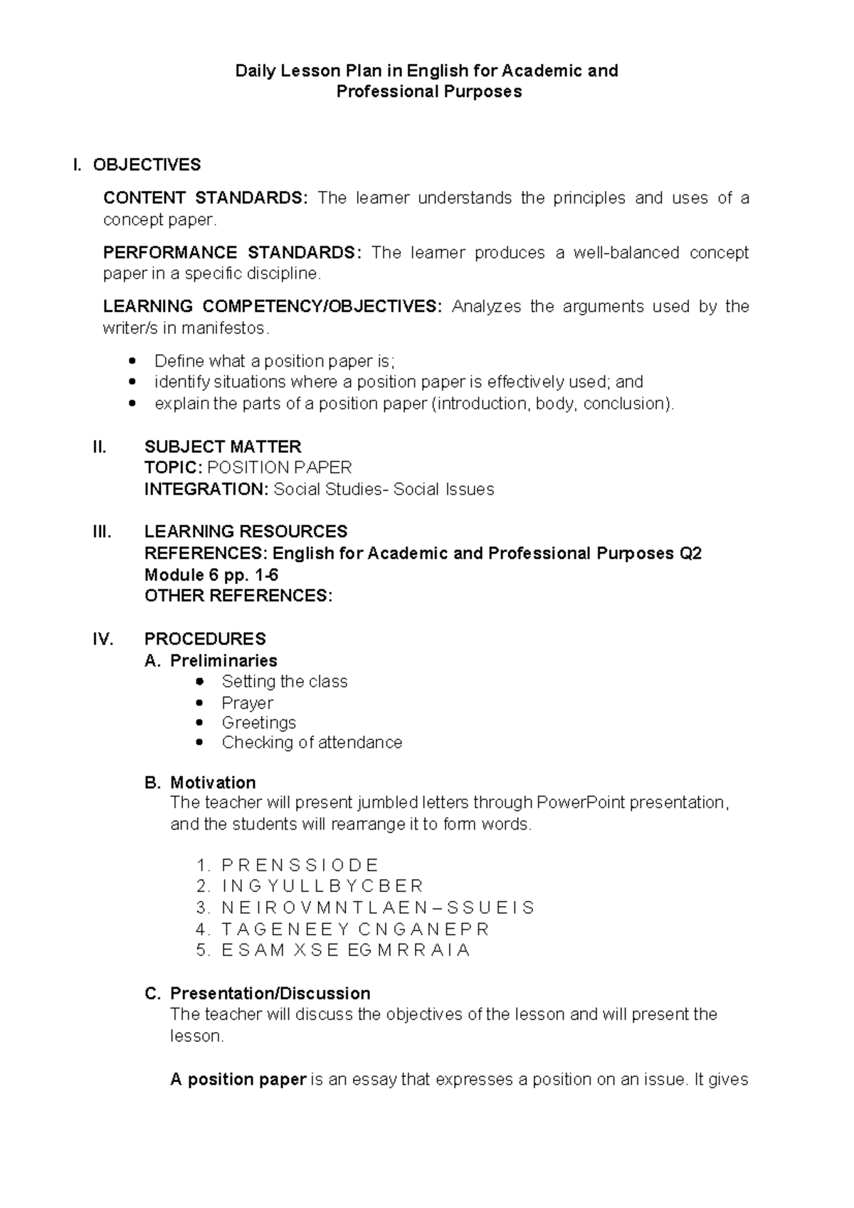 W1 DAY 1 EAPP - Daily Lesson Plan on Position Papers - Studocu