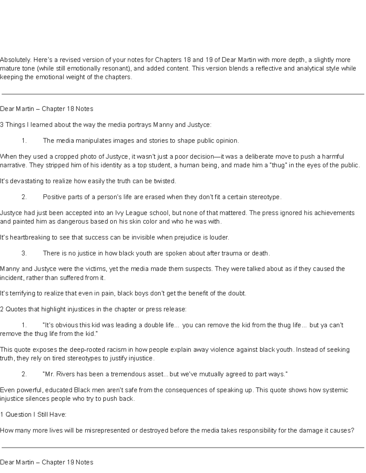 Dear Martin Chapters 18 & 19: In-Depth Analysis & Reflections - Studocu