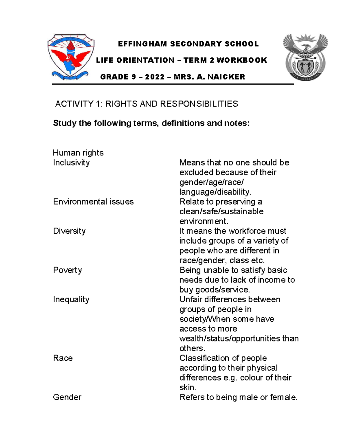 LO-TERM-2: Grade 9 Life Orientation Workbook Activities and Notes - Studocu