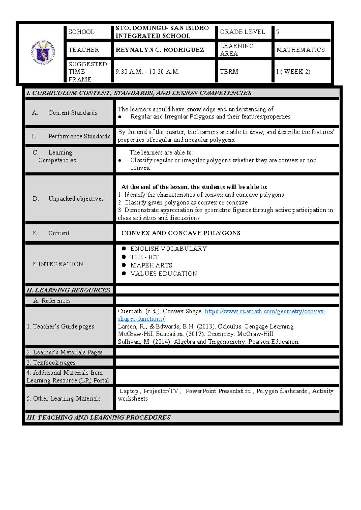 CO3-DLP Mathematics Lesson Plan: Convex and Concave Polygons - Studocu