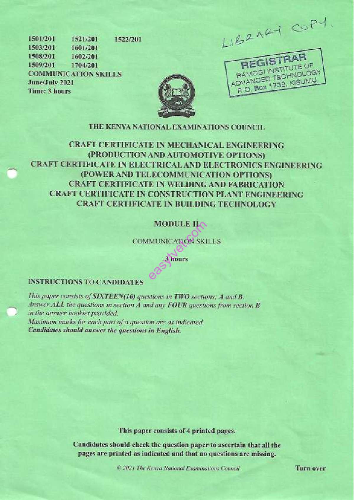 COMMUNICATION SKILLS EXAM PAPER 2021 - RAMOGI INSTITUTE - Studocu
