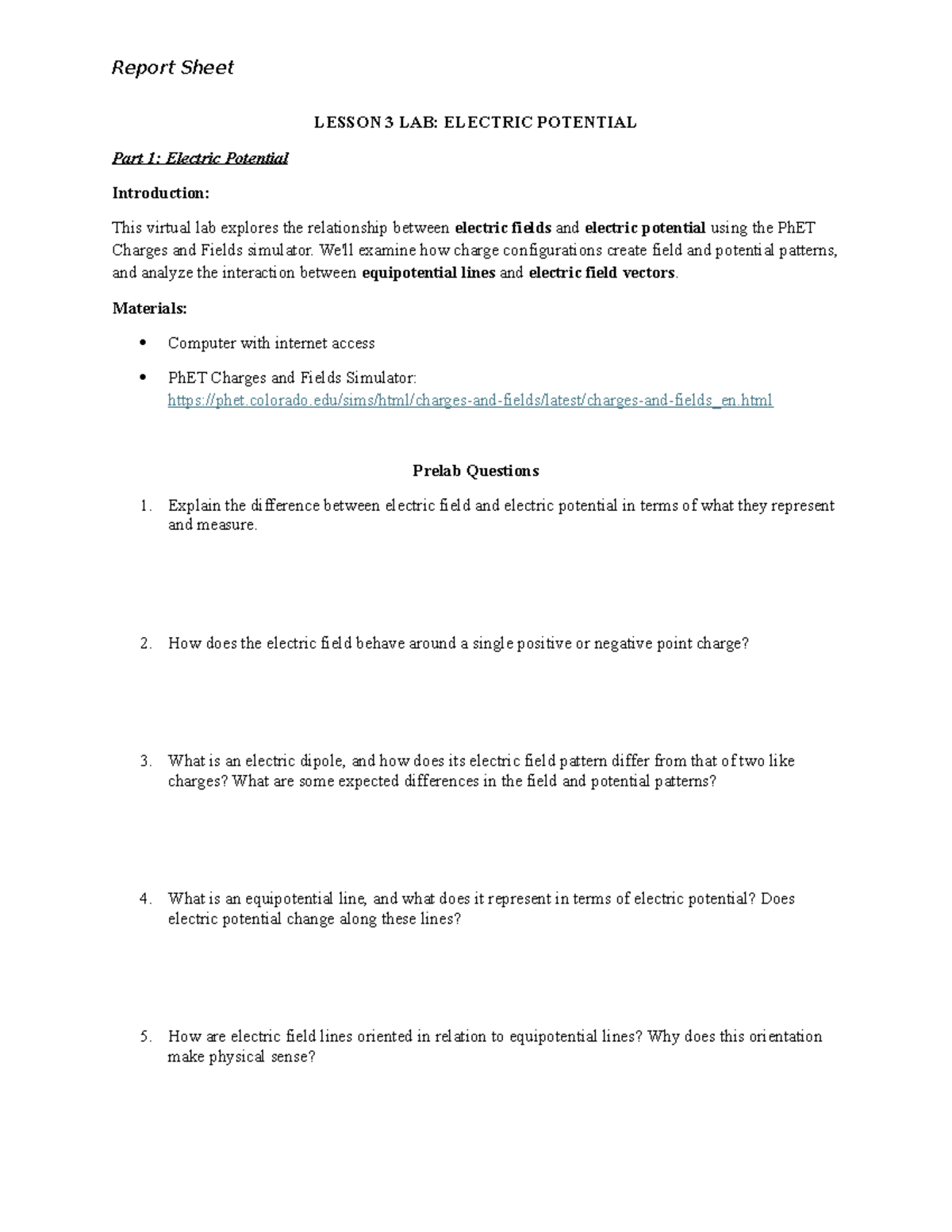 Lab 3 Report Sheet: Electric Potential & Field Relationships - Studocu
