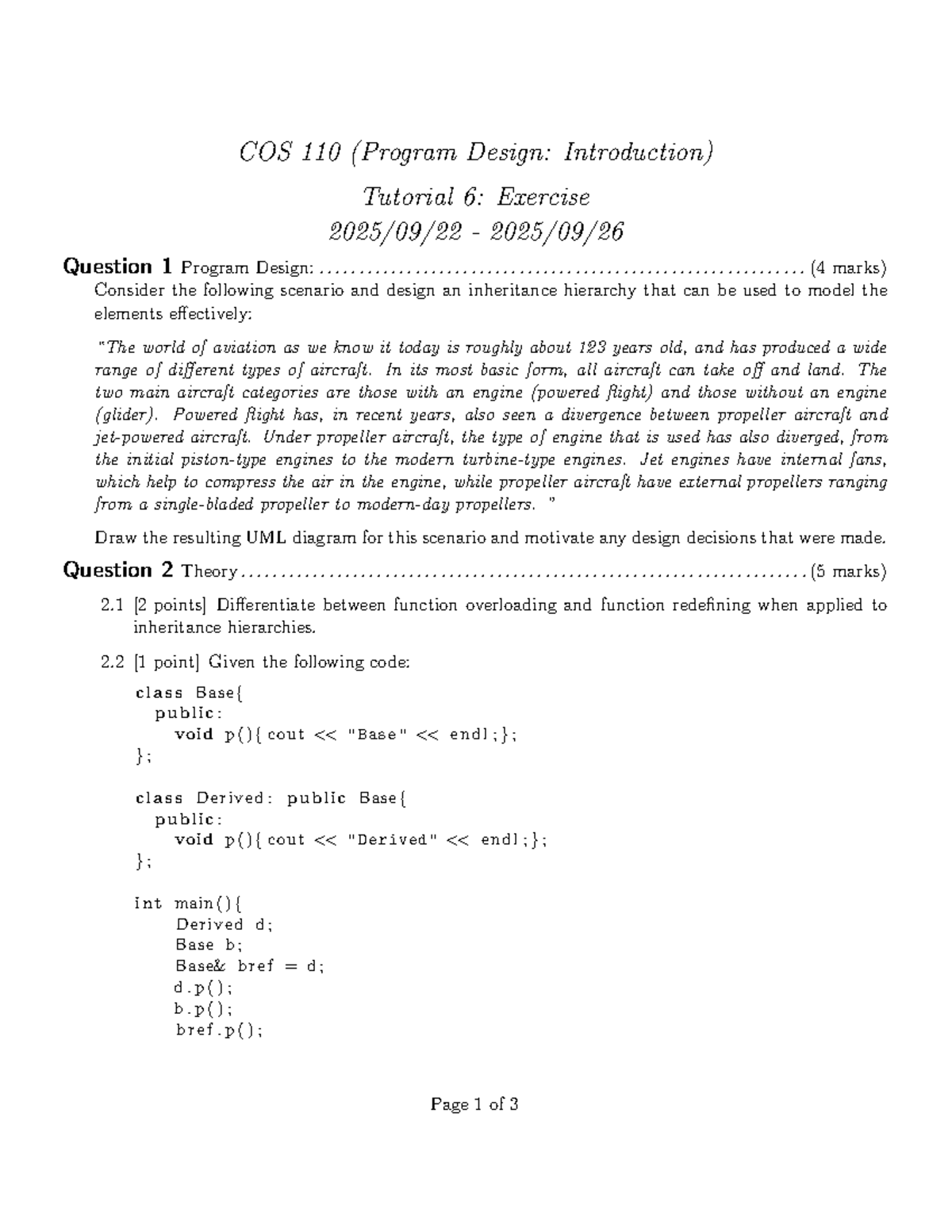COS 110: Program Design Tutorial 6 - Inheritance & Function Overloading ...