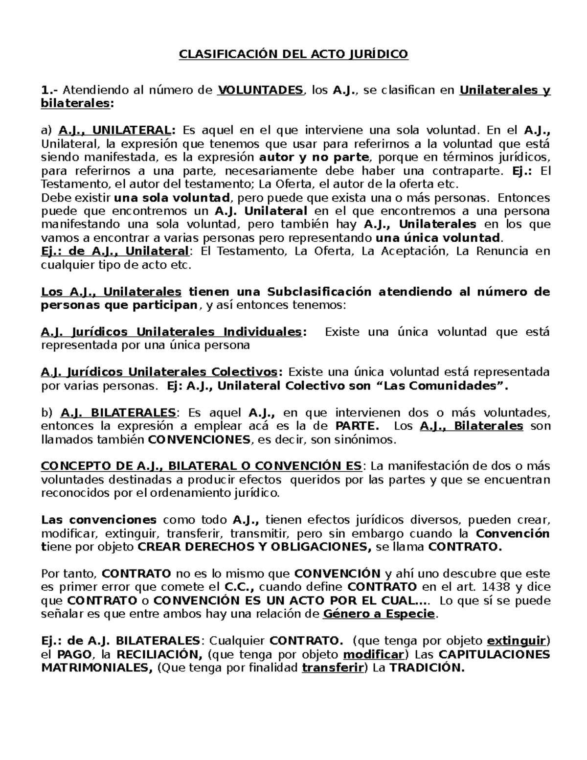 Clasificación del Acto Jurídico: Unilaterales y Bilaterales - Studocu