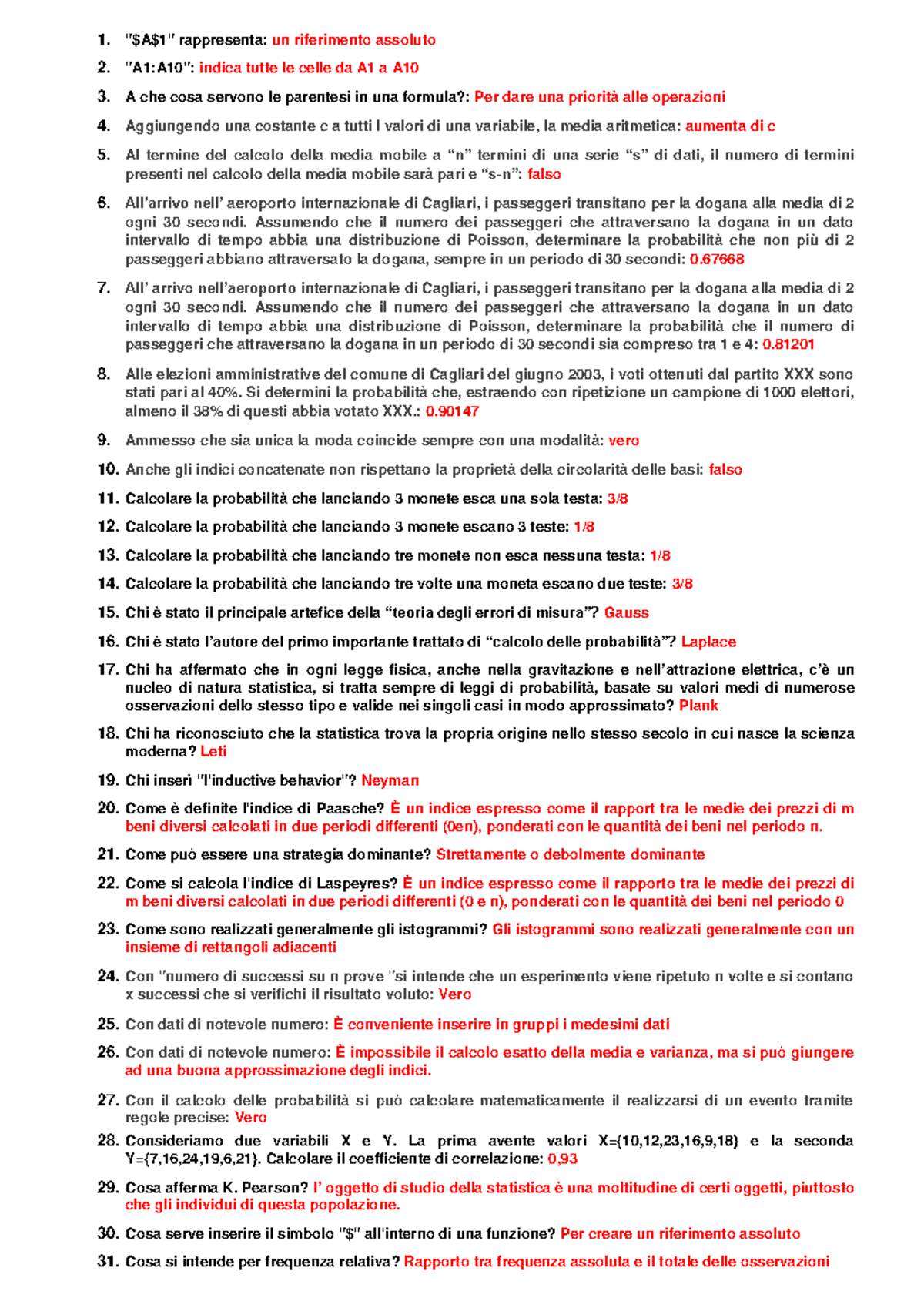 Statistiche e Probabilità - Test di Statistica - Studocu
