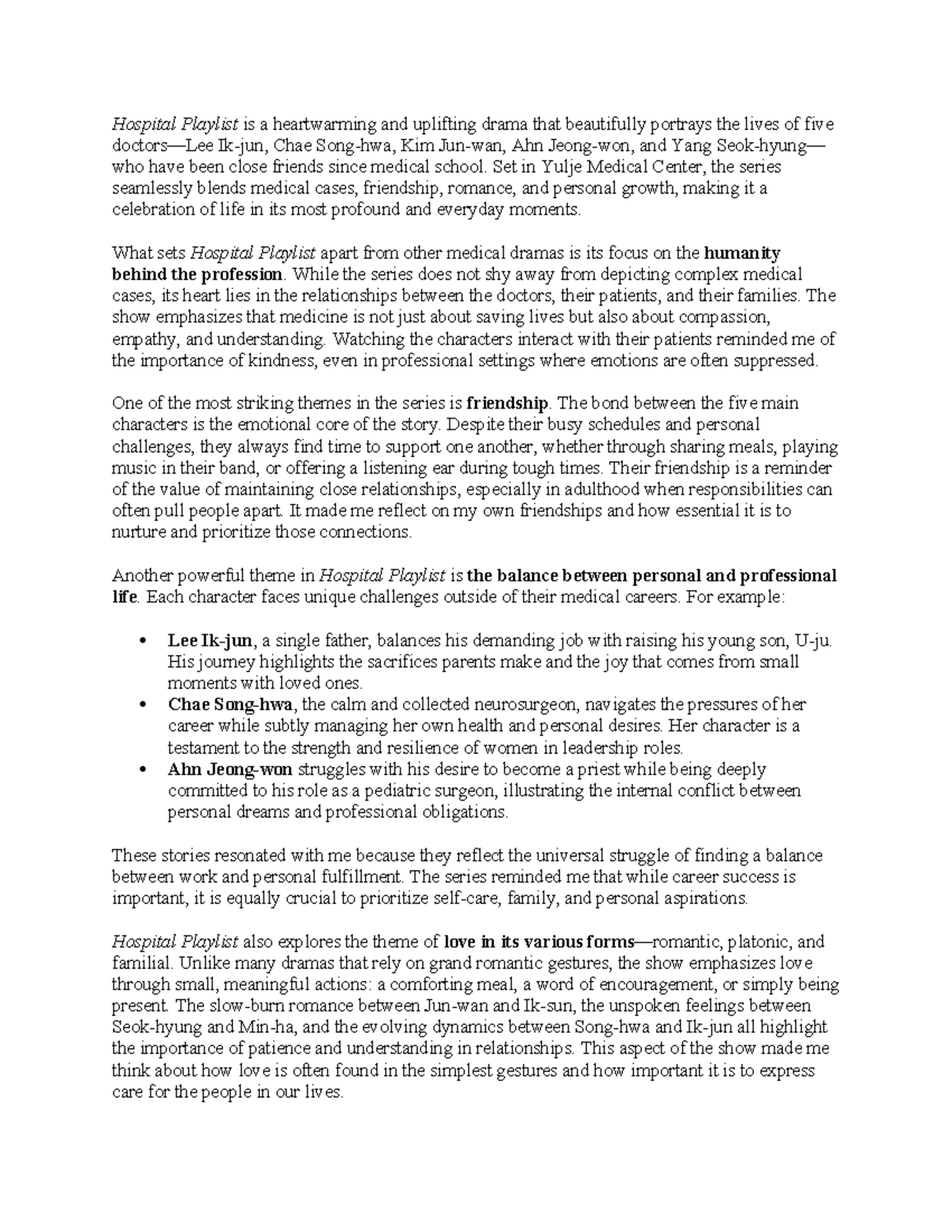 Reflection Paper on Hospital Playlist: Themes of Friendship & Love ...