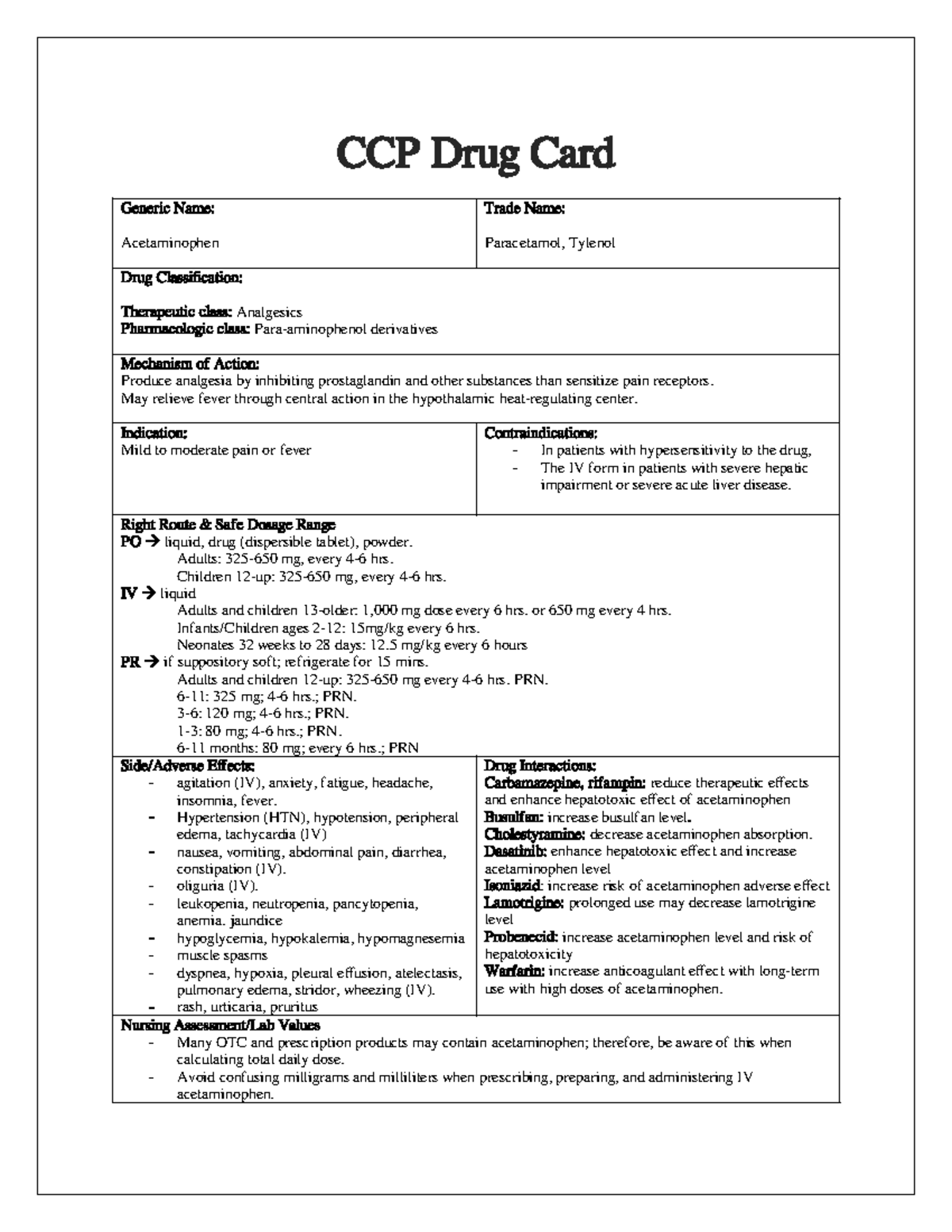 CCP Drug Card Acetaminophen - CCP Drug Card Generic Name: Acetaminophen ...