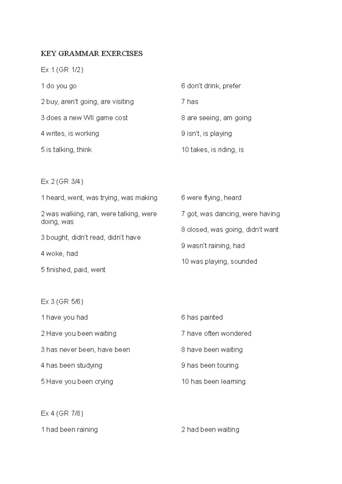 Grammar Exercises Key for English Language Learning (GR 1-24) - Studeersnel