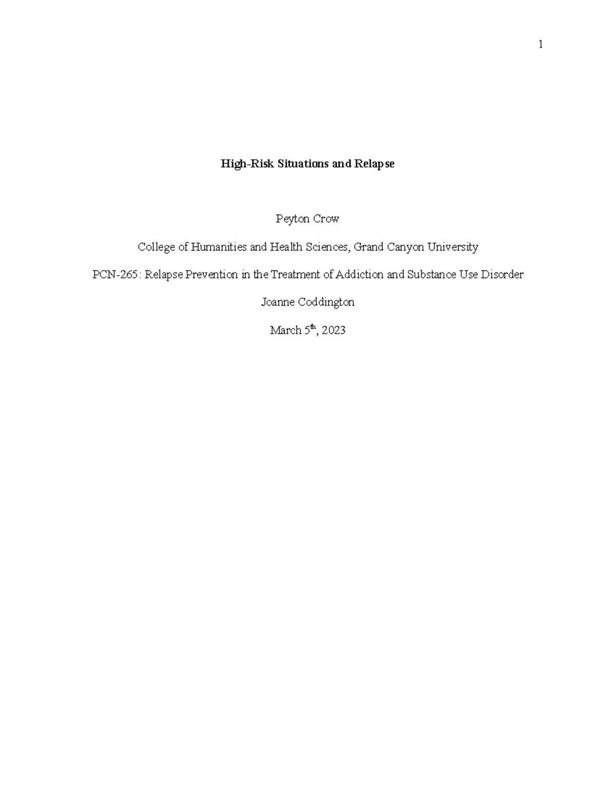 High Risk Situations and Relapse Paper - High-Risk Situations and ...