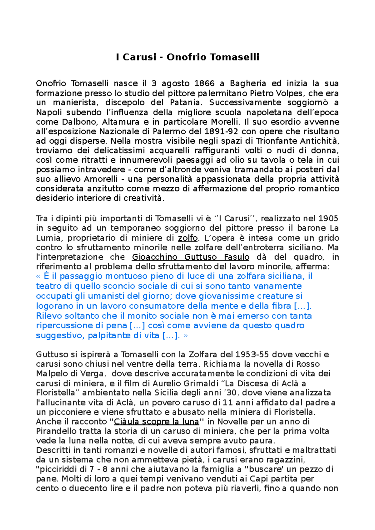 Onofrio Tomaselli e il dramma dei carusi: arte e realtà sociale - Studocu