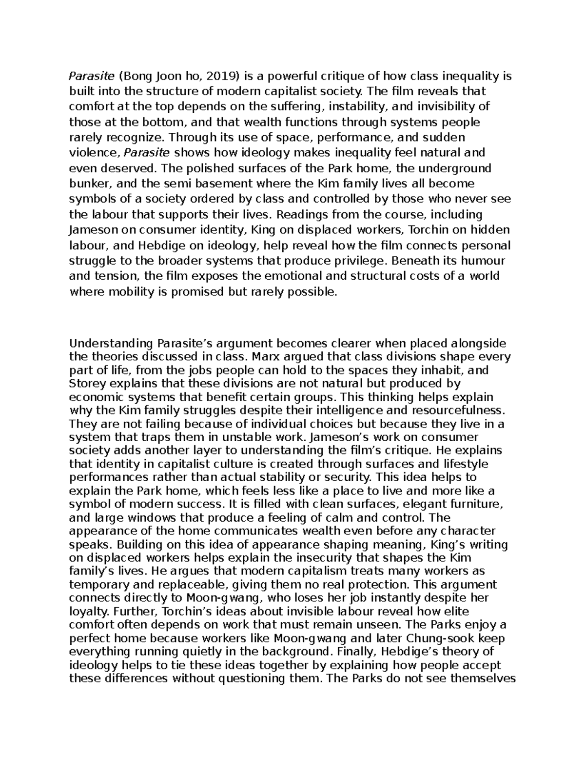 Final Assignment: Analyzing Class Inequality in Parasite (2019) - Studocu