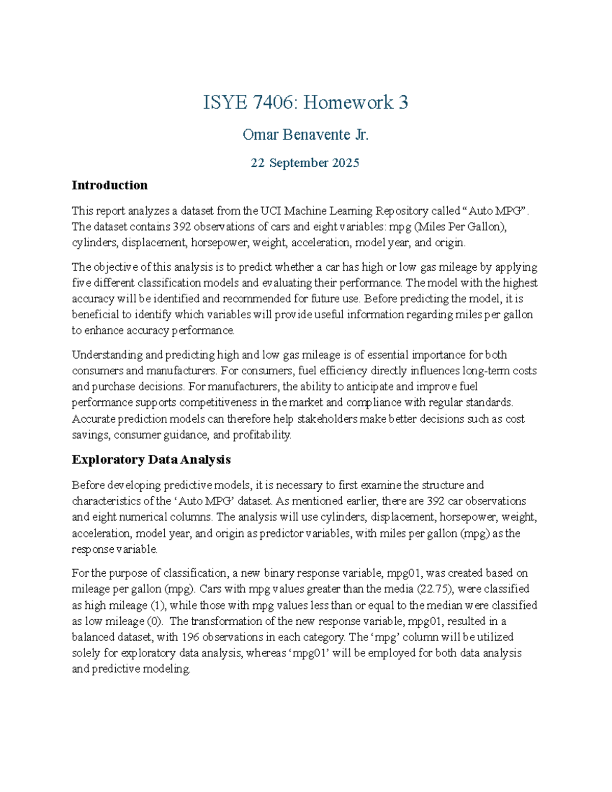 ISYE 7406: Homework 3 - Predicting Car Gas Mileage Using Classification ...